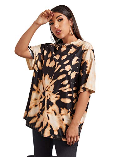 SweatyRocks Women's Graphic Oversized Tee Shirts Casual Loose Fit Short Sleeves Tops Black Tie Dye M