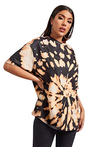 SweatyRocks Women's Graphic Oversized Tee Shirts Casual Loose Fit Short Sleeves Tops Black Tie Dye M