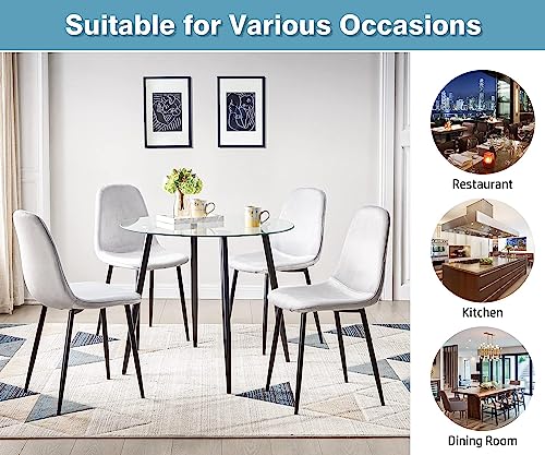 STYLIFING Dining Table Set for 4 Modern 5 Pieces Dining Room Set Mid Century Round Tempered Glass Kitchen Table and 4 Light Grey Modern Velvet Fabric Upholstered Kitchen Chair with Metal Legs