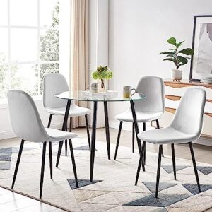 STYLIFING Dining Table Set for 4 Modern 5 Pieces Dining Room Set Mid Century Round Tempered Glass Kitchen Table and 4 Light Grey Modern Velvet Fabric Upholstered Kitchen Chair with Metal Legs