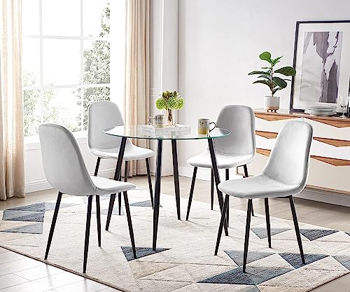 STYLIFING Dining Table Set for 4 Modern 5 Pieces Dining Room Set Mid Century Round Tempered Glass Kitchen Table and 4 Light Grey Modern Velvet Fabric Upholstered Kitchen Chair with Metal Legs