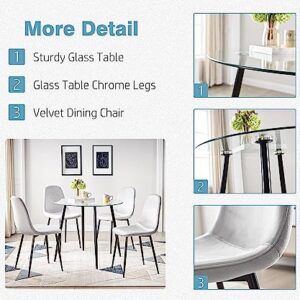 STYLIFING Dining Table Set for 4 Modern 5 Pieces Dining Room Set Mid Century Round Tempered Glass Kitchen Table and 4 Light Grey Modern Velvet Fabric Upholstered Kitchen Chair with Metal Legs