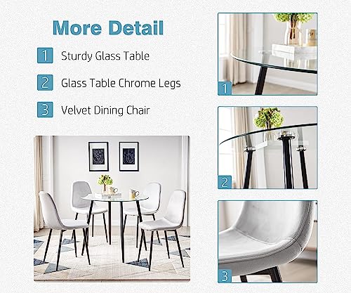 STYLIFING Dining Table Set for 4 Modern 5 Pieces Dining Room Set Mid Century Round Tempered Glass Kitchen Table and 4 Light Grey Modern Velvet Fabric Upholstered Kitchen Chair with Metal Legs