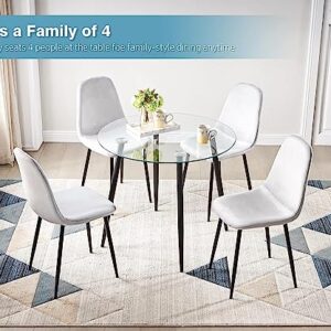 STYLIFING Dining Table Set for 4 Modern 5 Pieces Dining Room Set Mid Century Round Tempered Glass Kitchen Table and 4 Light Grey Modern Velvet Fabric Upholstered Kitchen Chair with Metal Legs