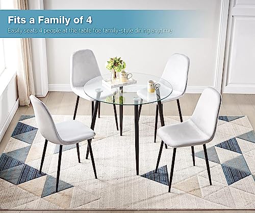 STYLIFING Dining Table Set for 4 Modern 5 Pieces Dining Room Set Mid Century Round Tempered Glass Kitchen Table and 4 Light Grey Modern Velvet Fabric Upholstered Kitchen Chair with Metal Legs