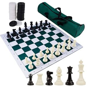 juegoal 20" portable chess & checkers set, 2 in 1 travel board games for kids and adults, folding roll up chess game sets, extra 26 checker pieces, tournament thick mousepad mat with storage bag