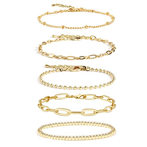 CONRAN KREMIX Gold Chain Bracelet Sets for Women Girls 14K Gold Plated Dainty Link Paperclip Bracelets Stake Adjustable Layered Gold Bracelet for Women Trendy Gold Jewelry For Women