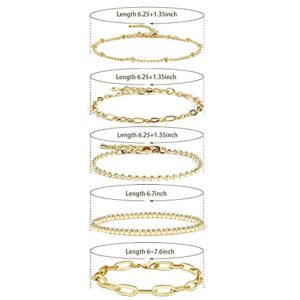 CONRAN KREMIX Gold Chain Bracelet Sets for Women Girls 14K Gold Plated Dainty Link Paperclip Bracelets Stake Adjustable Layered Gold Bracelet for Women Trendy Gold Jewelry For Women