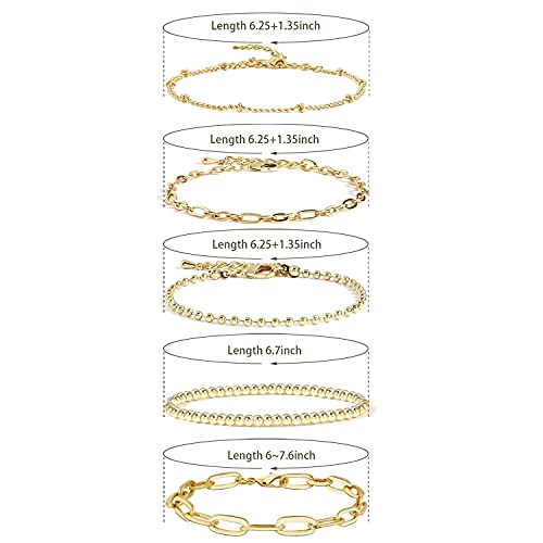 CONRAN KREMIX Gold Chain Bracelet Sets for Women Girls 14K Gold Plated Dainty Link Paperclip Bracelets Stake Adjustable Layered Gold Bracelet for Women Trendy Gold Jewelry For Women