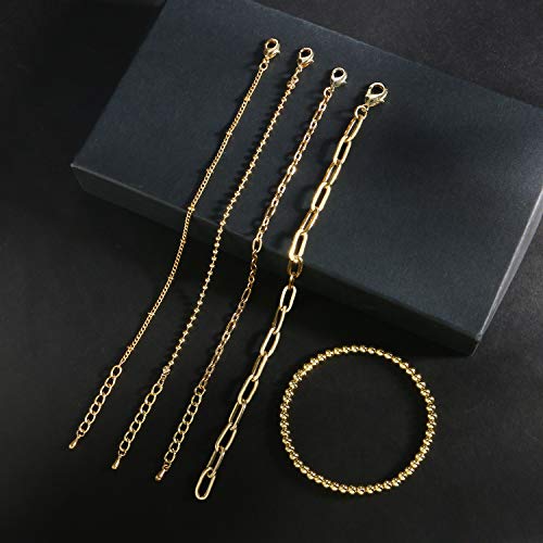 CONRAN KREMIX Gold Chain Bracelet Sets for Women Girls 14K Gold Plated Dainty Link Paperclip Bracelets Stake Adjustable Layered Gold Bracelet for Women Trendy Gold Jewelry For Women