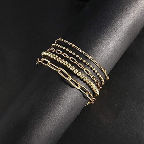 CONRAN KREMIX Gold Chain Bracelet Sets for Women Girls 14K Gold Plated Dainty Link Paperclip Bracelets Stake Adjustable Layered Gold Bracelet for Women Trendy Gold Jewelry For Women