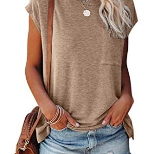 MIROL Women's Short Sleeve Tunic Tops 2023 Basic Loose T Shirts Solid Color Batwing Cap Sleeve Casual Tee Khaki