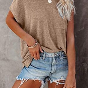 MIROL Women's Short Sleeve Tunic Tops 2023 Basic Loose T Shirts Solid Color Batwing Cap Sleeve Casual Tee Khaki