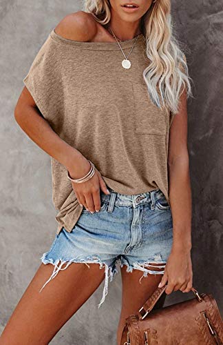 MIROL Women's Short Sleeve Tunic Tops 2023 Basic Loose T Shirts Solid Color Batwing Cap Sleeve Casual Tee Khaki