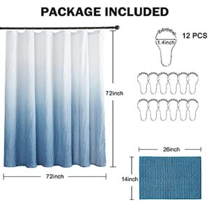 REEPLE Ombre Shower Curtain Set with Rugs and Hooks for Bathroom Textured Waterproof Gradient Fabric Bath Shower Curtain 72 x 72 Inches Blue