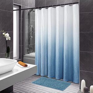 REEPLE Ombre Shower Curtain Set with Rugs and Hooks for Bathroom Textured Waterproof Gradient Fabric Bath Shower Curtain 72 x 72 Inches Blue