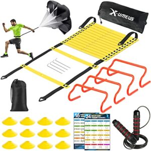 x-umeus agility ladder speed training equipment set - includes 20ft agility ladder, resistance parachute, 4 agility hurdles, 12 disc cones for training football soccer basketball athletes