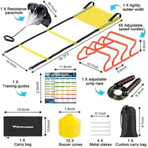 X-UMEUS Agility Ladder Speed Training Equipment Set - Includes 20ft Agility Ladder, Resistance Parachute, 4 Agility Hurdles, 12 Disc Cones for Training Football Soccer Basketball Athletes