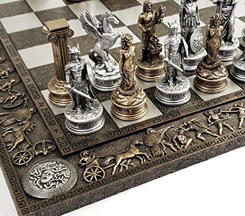 Greek Mythology Olympus Gods Zeus vs Poseidon Pewter and Bronze Color Chess Set with 17" Greek Board