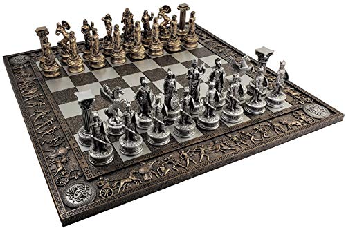 Greek Mythology Olympus Gods Zeus vs Poseidon Pewter and Bronze Color Chess Set with 17" Greek Board