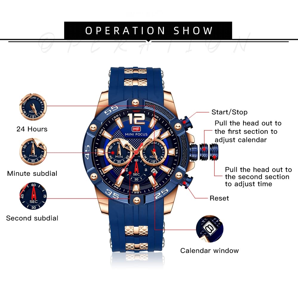 Watch for Men, Sports Watch Fashion Casual Waterproof Chronograph Military Analog Quartz Business Watches Best Mens Gift (Blue Rosegold)