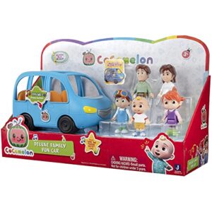 cocomelon deluxe family fun car, with sounds - includes jj, mom, dad, tomtom, yoyo - plays clip of song, are we there yet - toys for kids, toddlers, and preschoolers - amazon exclusive