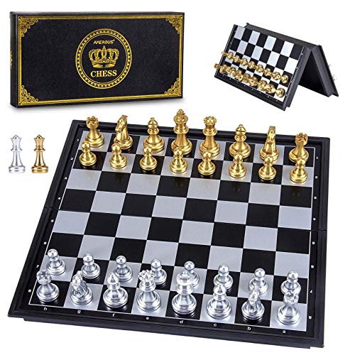 AMEROUS 10'' Magetic Travel Chess Set, Plastic Portable Folding Chess Board Game with Gold and Silver Chess Pieces - 2 Extra Queens - Storage Bag for Chessmen, Chess for Beginner, Kids, Adults