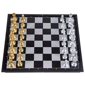 AMEROUS 10'' Magetic Travel Chess Set, Plastic Portable Folding Chess Board Game with Gold and Silver Chess Pieces - 2 Extra Queens - Storage Bag for Chessmen, Chess for Beginner, Kids, Adults