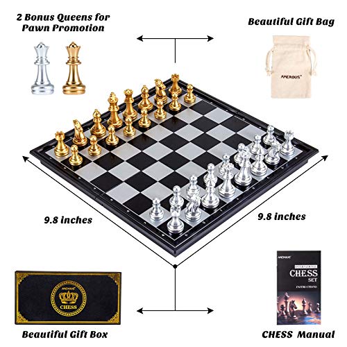 AMEROUS 10'' Magetic Travel Chess Set, Plastic Portable Folding Chess Board Game with Gold and Silver Chess Pieces - 2 Extra Queens - Storage Bag for Chessmen, Chess for Beginner, Kids, Adults