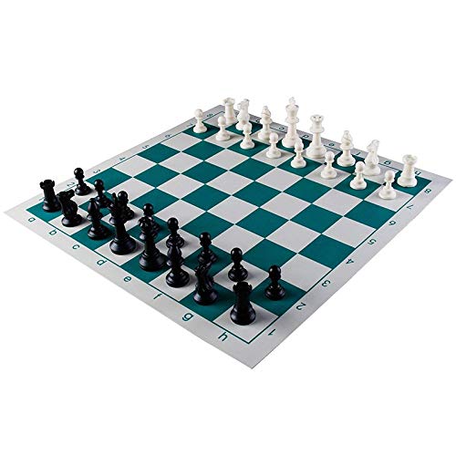 FIBVGFXD Chess Solid Wood Set, Chess Set for Adults, Tournament Chess Set, 90% Plastic Filled Chess, Pieces and Green Roll-up Vinyl Chess Board Game (35x35cm)