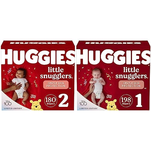 Baby Diapers Size 1, 198 Ct & Diapers Size 2, 180 Ct, Huggies Little Snugglers