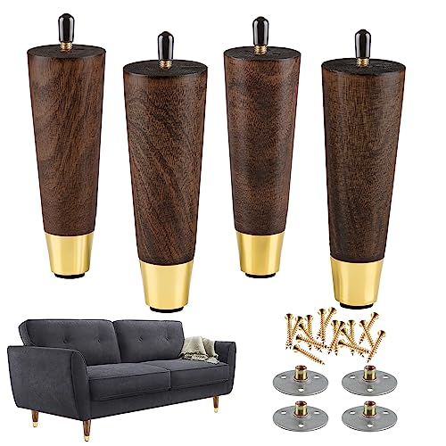 ALAMHI Wood Furniture Leg, Couch Legs 6 Inch Brown Round Tapered Mid-Century Modern Legs, with Brass Base Replacement Legs for Cabinets, Coffee Table, Ottoman, Sofa, Loveseat, Armchair Legs Set of 4