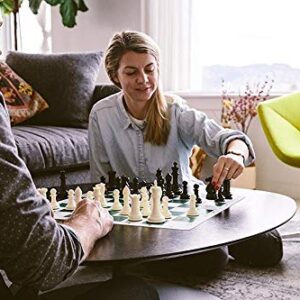 FIBVGFXD Chess Solid Wood Set, Chess Set for Adults, Tournament Chess Set, 90% Plastic Filled Chess, Pieces and Green Roll-up Vinyl Chess Board Game (43x43cm)