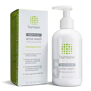 humane regular-strength acne wash - 5% benzoyl peroxide acne treatment for face, skin, butt, back and body - 8 fl oz - dermatologist-tested non-foaming cleanser - vegan, cruelty-free