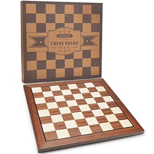 AMEROUS 15'' x 15'' Wooden Chess Board No Pieces , Professional Tournament Chessboard Only with Gift Package - Chess Rules, Portable Chess Board for Beginners, Kids, Adults