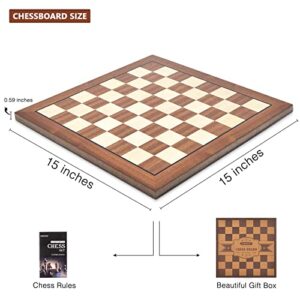 AMEROUS 15'' x 15'' Wooden Chess Board No Pieces , Professional Tournament Chessboard Only with Gift Package - Chess Rules, Portable Chess Board for Beginners, Kids, Adults