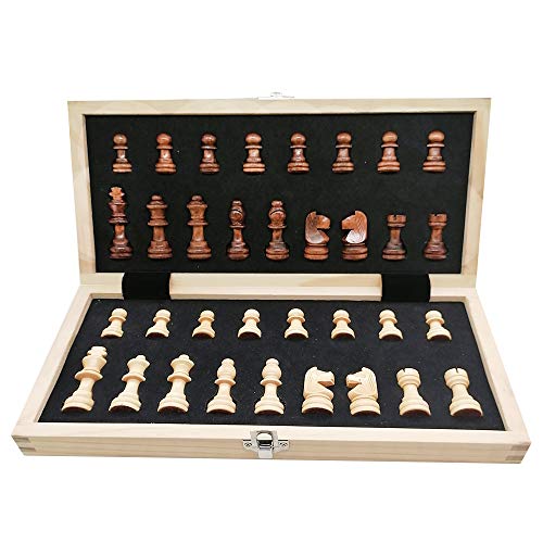 Wooden Magnetic Chess Set, YJZ 12” Chess Board Portable for Folding, Travel Chess Sets for Adults, Including Extra 2 Queens, Set with Storage Slot, Portable Birthday Gift for Children and Beginners