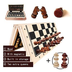 Wooden Magnetic Chess Set, YJZ 12” Chess Board Portable for Folding, Travel Chess Sets for Adults, Including Extra 2 Queens, Set with Storage Slot, Portable Birthday Gift for Children and Beginners