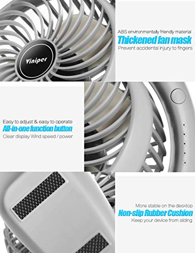 Viniper Portable Rechargeable Fan, Small Desk Fan : 3 Speeds & about 8-24 Hours Longer Working, 180° Rotation, Portable Fan Small but Mighty, Strong Wind (Grey, Light Black Blade)