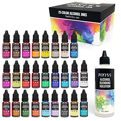 Pixiss Alcohol Ink Set - 25 Large Highly Saturated Colors - (15ml/.5oz), Pixiss 4oz Alcohol Blending Solution