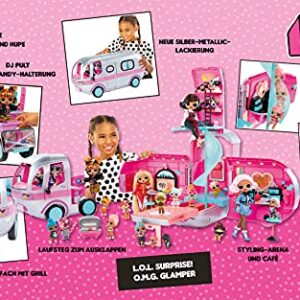 LOL Surprise OMG Glamper Fashion Camper Doll Playset with 55+ Surprises, Fully-Furnished with Light Up Pool, Water Slide, Bunk Beds, Cafe, BBQ Grill, DJ Booth - Gift Toy for Girls Ages 4 5 6 7+ Years