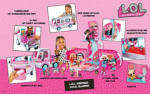 LOL Surprise OMG Glamper Fashion Camper Doll Playset with 55+ Surprises, Fully-Furnished with Light Up Pool, Water Slide, Bunk Beds, Cafe, BBQ Grill, DJ Booth - Gift Toy for Girls Ages 4 5 6 7+ Years