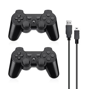 powerextra wireless controller compatible with ps-3, 2 pack high performance gaming controller with upgraded joystick for play-station 3 (black)