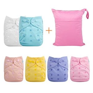 Babygoal Cloth Diaper Covers for Fitted Diapers and Prefolds with Double Gusset,Adjustable Reusable for Baby Girls, 6pcs Covers+One Wet Bag 6DCF07