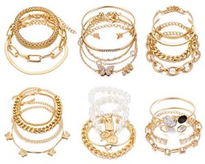 ifkm 6 pack (24 pcs) boho gold chain bracelets set for women girls, 14k gold plated multiple layered stackable open cuff wrap bangle adjustable link italian cuban jewelry for women girls gift