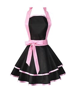 hyzrz lovely handmade cotton retro black aprons for women girls cake kitchen cook apron for mother's gift (pink)