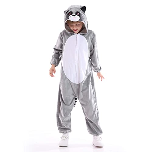 Funivals Plush raccoon costume for kids, children Procyon lotor animal costume, raccoon pajamas, fancy dress, three size 1-pcs, red (L(for height 45"-50"))