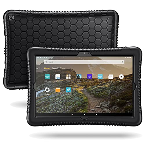 Fintie Silicone Case for All-New Fire HD 10 and Fire HD 10 Plus Tablet (Only compatible with 11th Generation 2021 Release) - [Honey Comb] Light Weight Shock Proof Back Cover, Black