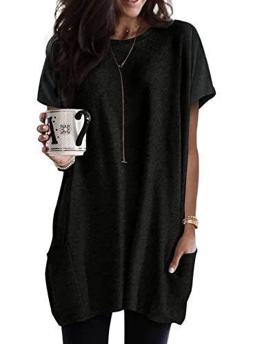 Dokotoo Women's Casual Crewneck T-Shirt - Loose Fit, Short Sleeve, Long Tunic Top with Pockets, Black (XL)