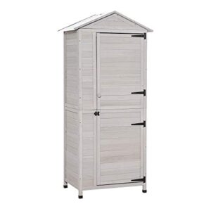 outsunny 36" x 25" x 79" wooden storage shed cabinet, outdoor tool shed organizer with 4-tier, 3 shelves with handle tin roof magnetic latch foot pad, light grey